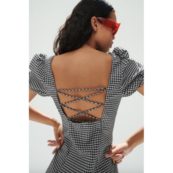 Zara | Dresses | Zara Black White Gingham Puff Sleeve Lace Up Open Back ...